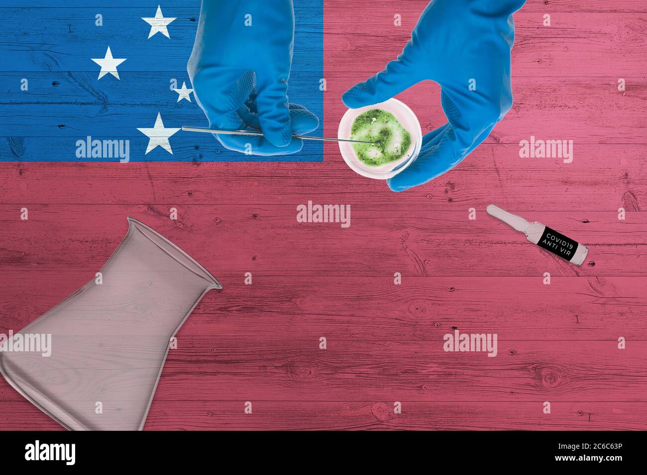 Samoa flag on laboratory table. Medical healthcare technologist holding ...
