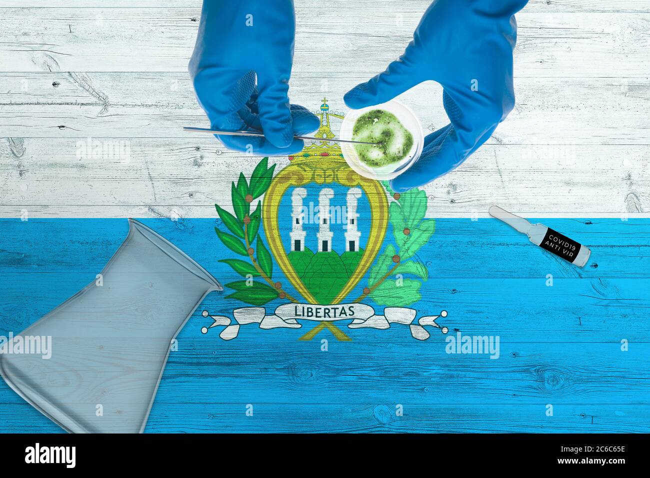 San Marino flag on laboratory table. Medical healthcare technologist ...