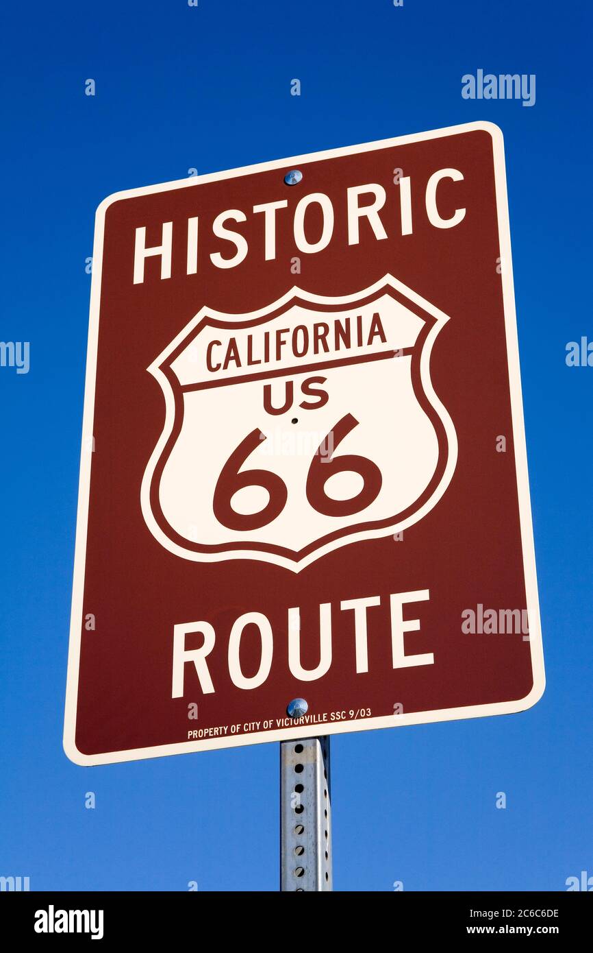 Historic Route 66 road sign, Victorville, California, USA Stock Photo ...