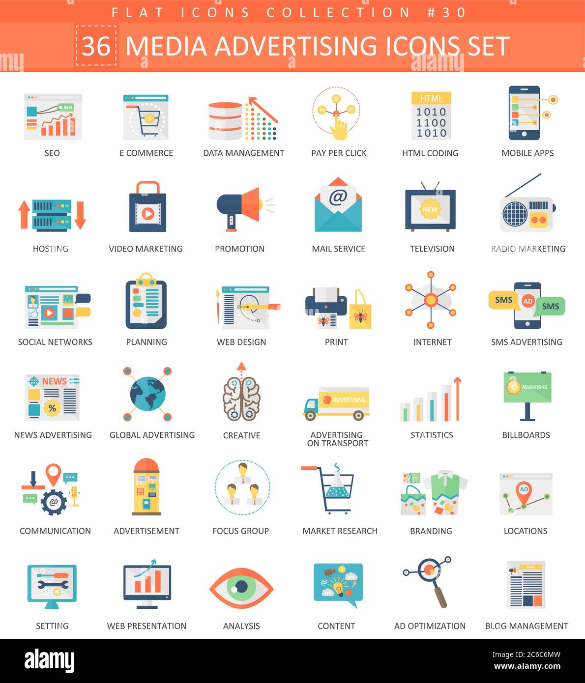 Vector Media advertising color flat icon set. Elegant style design ...