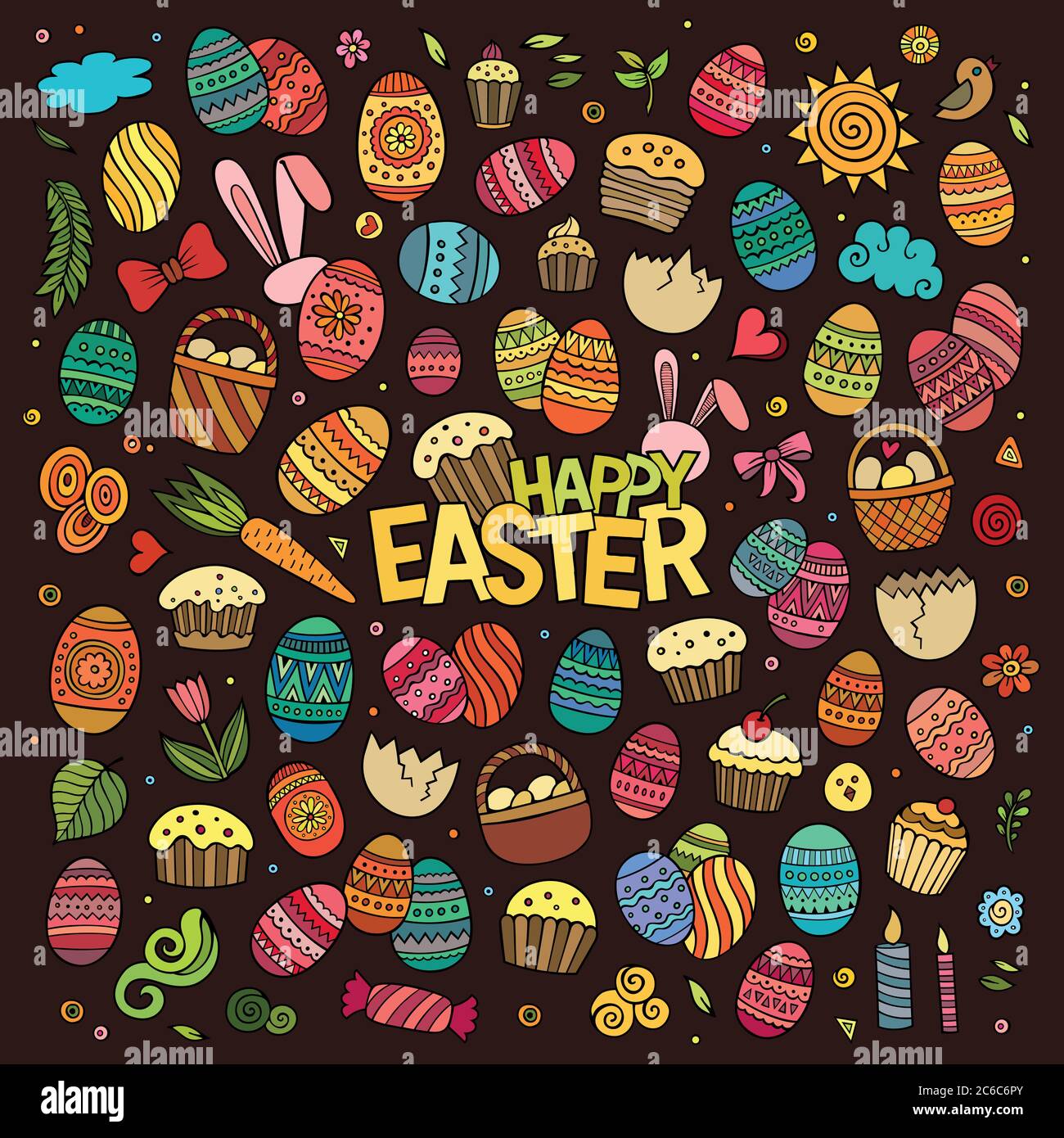 Colorful vector hand drawn doodles cartoon set of Easter objects Stock ...