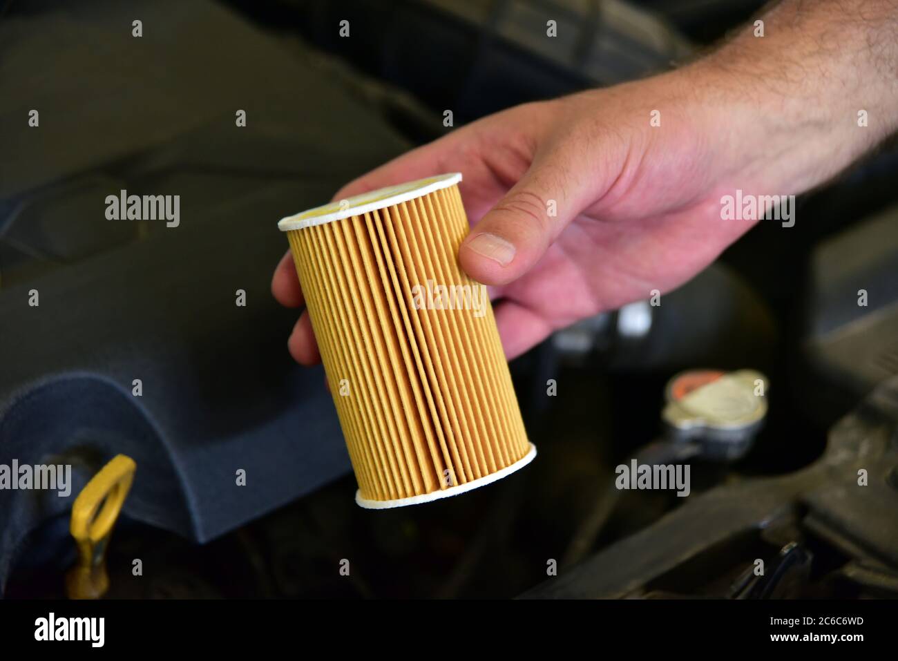 Replacement of car oil filter. Repairman holding an new car oil filter ...