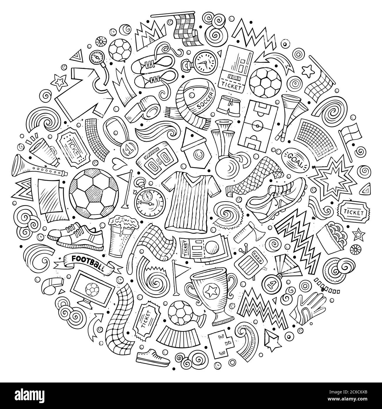 Set of vector cartoon doodle Football objects collected in a circle ...