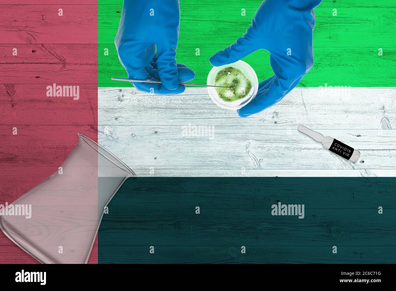 United Arab Emirates flag on laboratory table. Medical healthcare ...