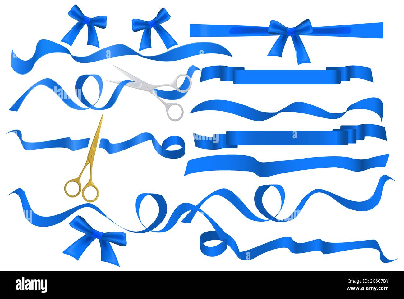 Metal chrome and golden scissors cutting azure blue silk ribbon ...