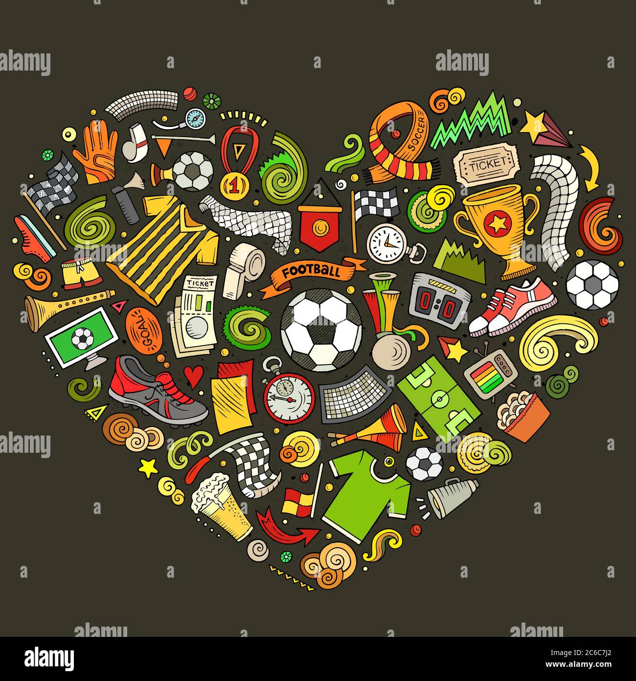 Set of vector cartoon doodle Football objects collected in a heart ...