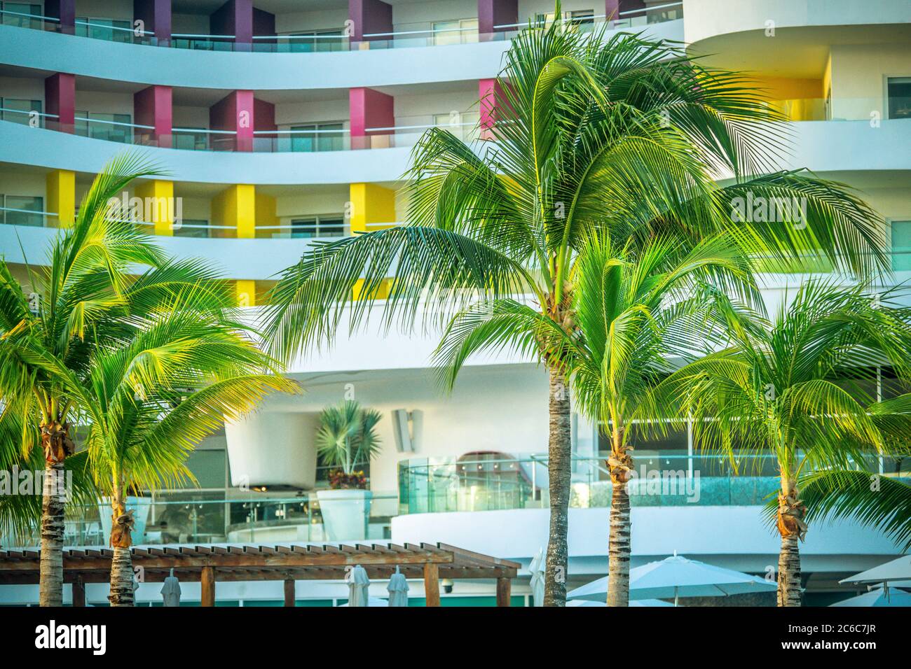 Palm trees in front of a tropical resort Stock Photo - Alamy