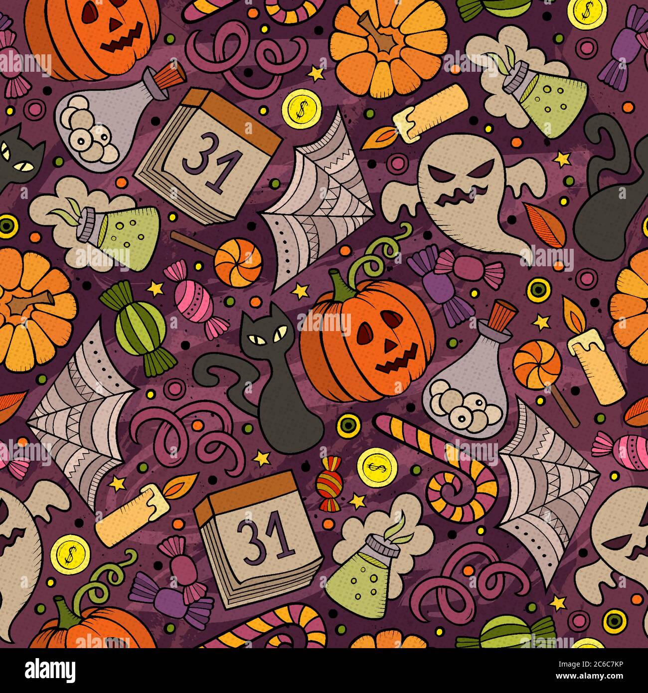 Cartoon cute hand drawn Halloween seamless pattern Stock Vector Image ...