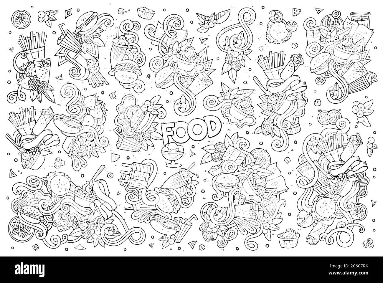 Line art vector hand drawn doodles cartoon set of food objects Stock ...