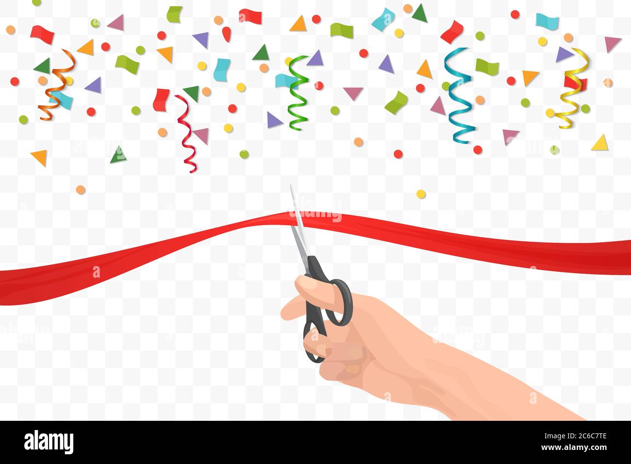 Hand holding scissors and cutting red ribbon on the transperant ...
