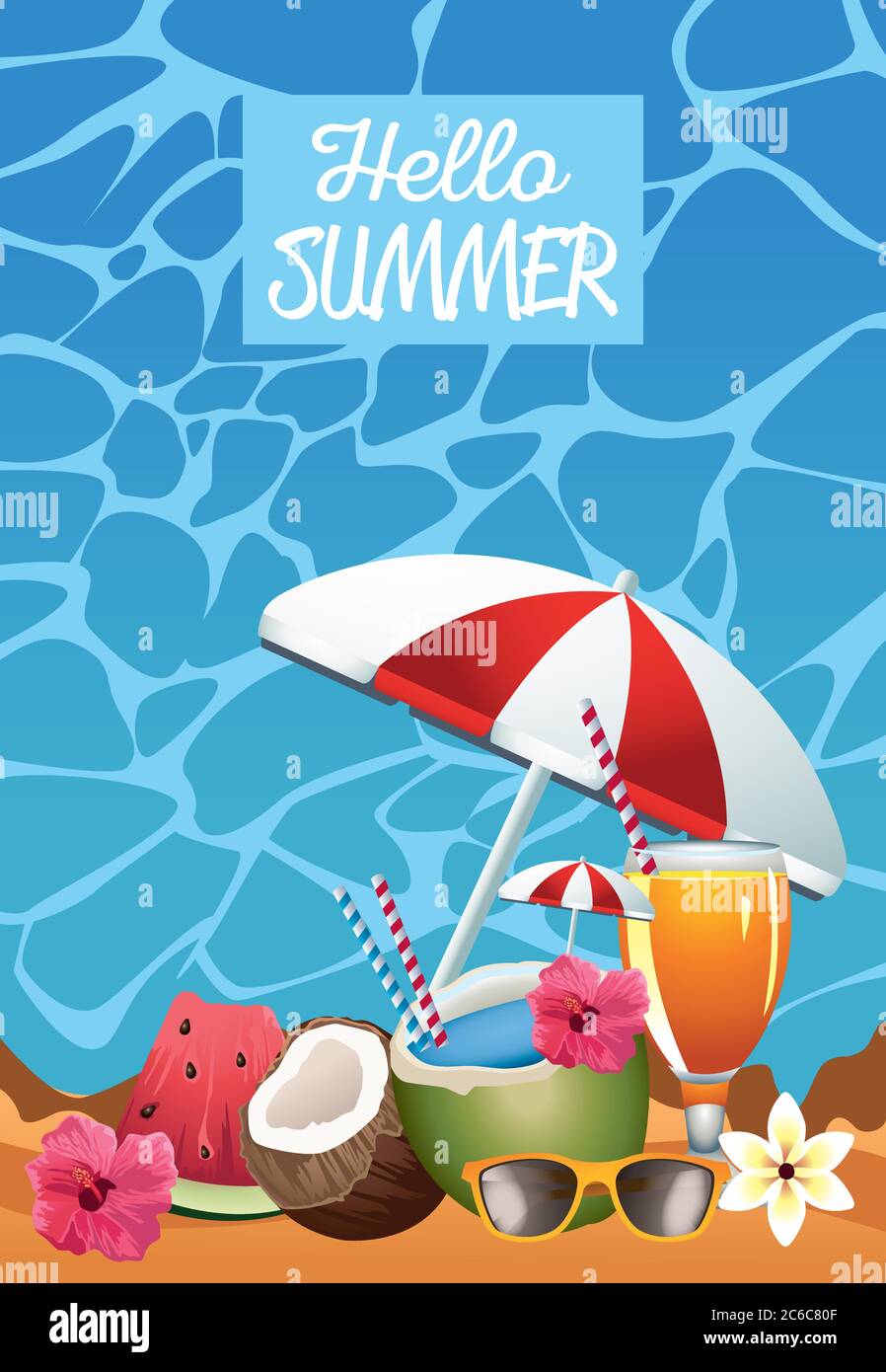 hello summer seasonal scene with umbrella and coconut vector ...