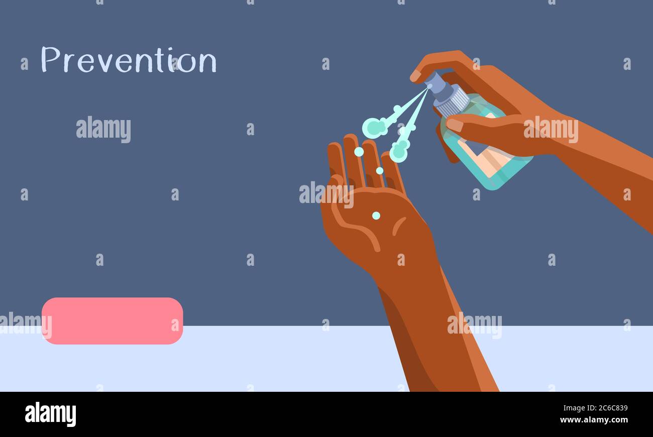 Prevention text on grey backdrop with copy space. Afro hand disinfect ...