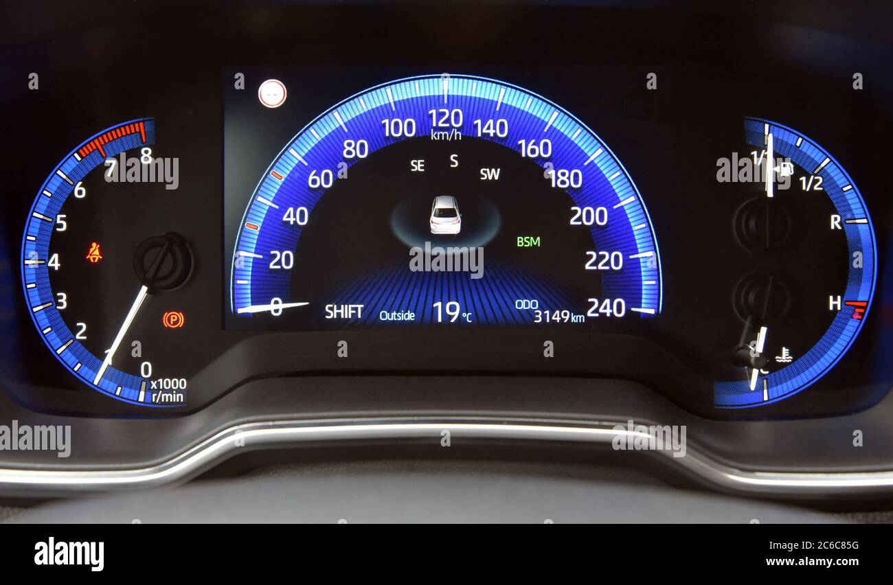 Modern car illuminated dashboard closeup. car instruments panel Stock ...