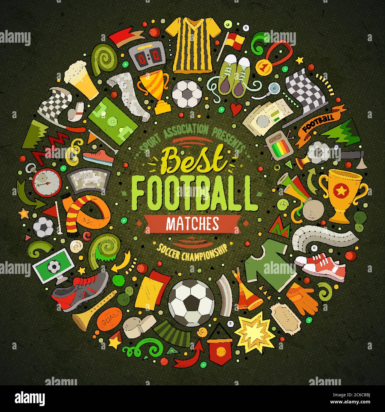 Set of vector cartoon doodle Football objects collected in a round ...