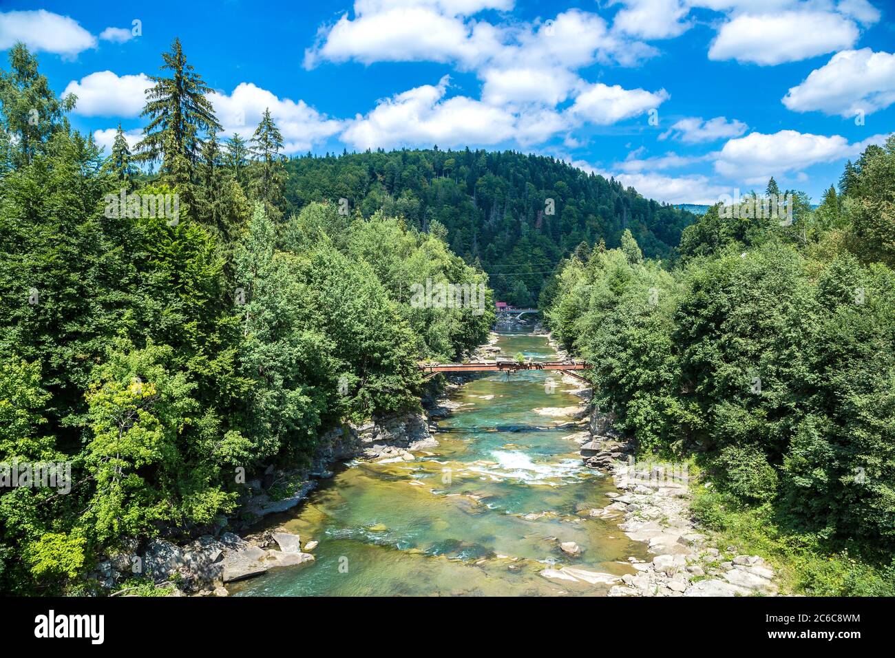 The mountain river Prut and waterfalls in Yaremche, Carpathians ...
