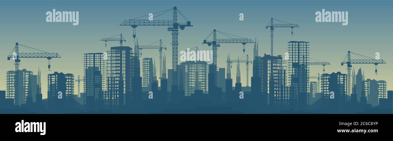 Wide banner illustration of buildings under construction in process ...