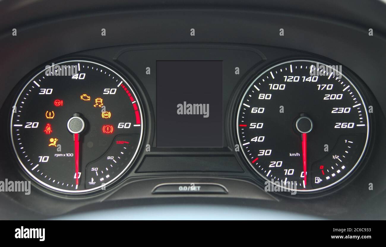 Modern car illuminated dashboard closeup. car instruments panel Stock ...