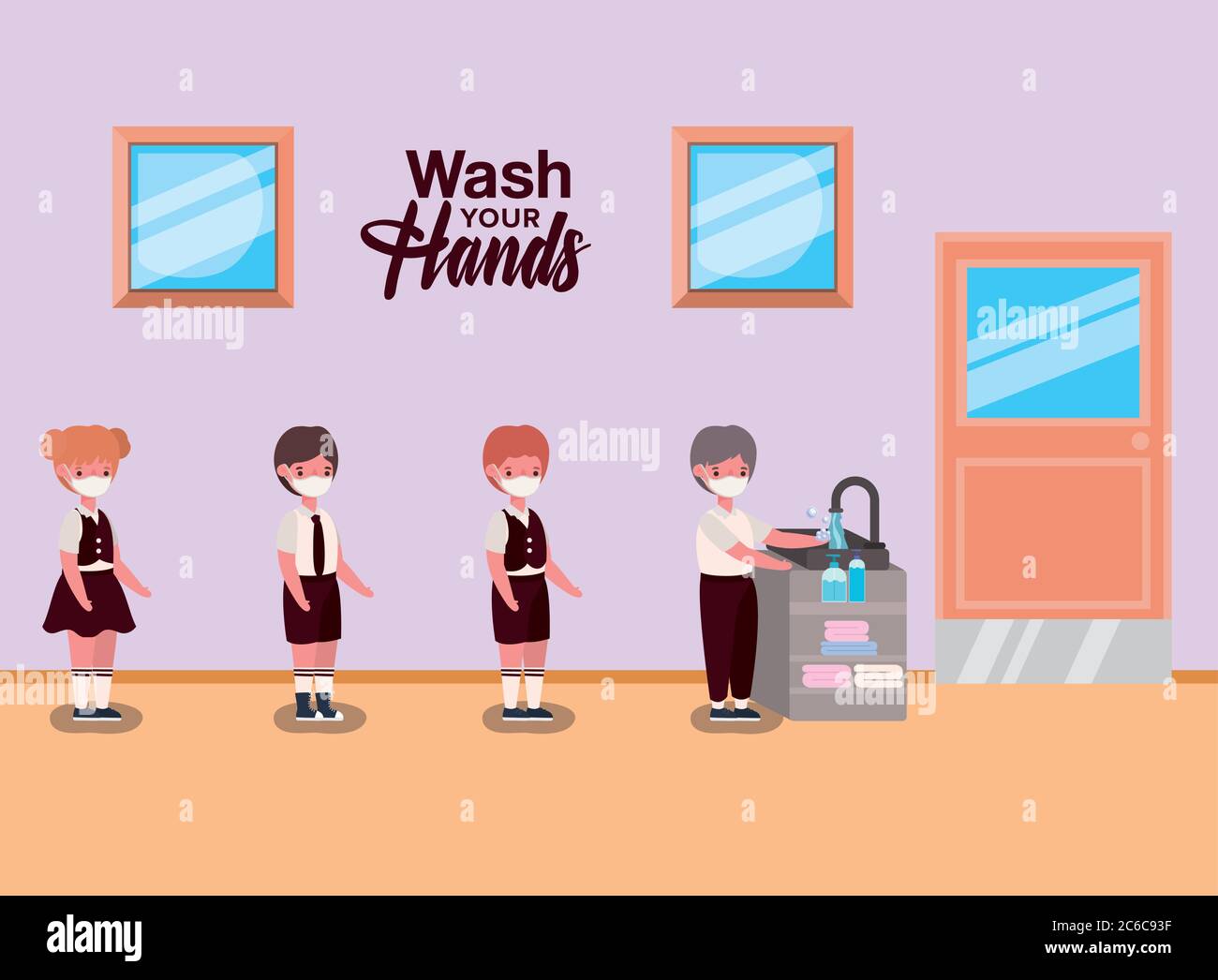 Girl and boys kids with uniforms and medical masks washing hands design ...