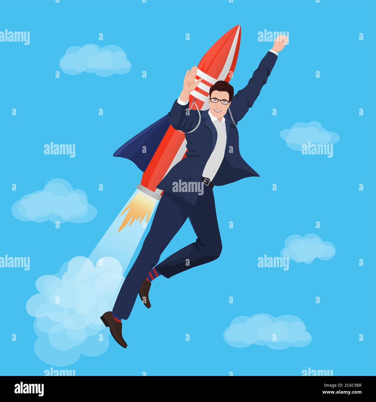 Happy Businessman flying with rocket backpack. Vector illustration ...