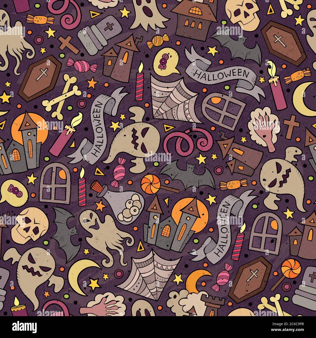 Cartoon cute hand drawn Halloween seamless pattern Stock Vector Image ...