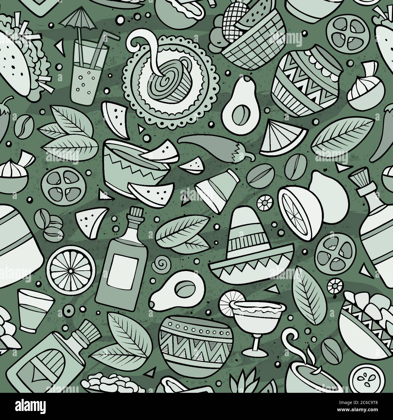 Cartoon hand-drawn latin american, mexican seamless pattern Stock ...