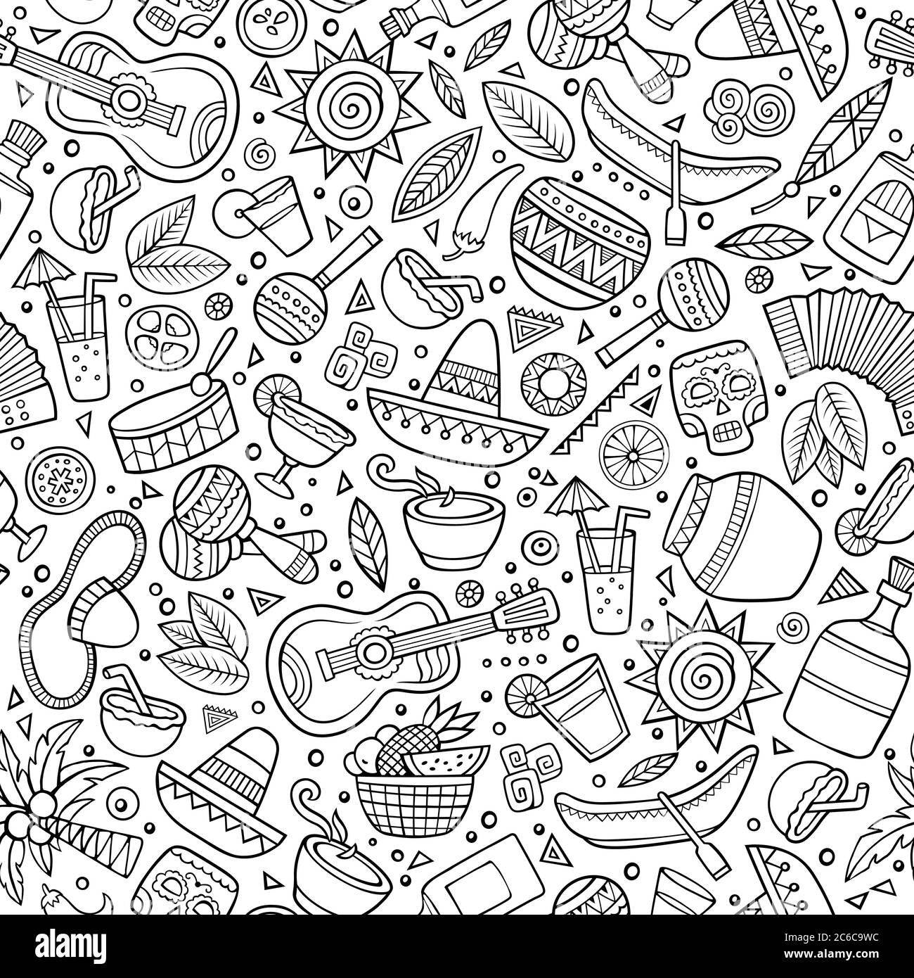 Cartoon hand-drawn latin american, mexican seamless pattern Stock ...
