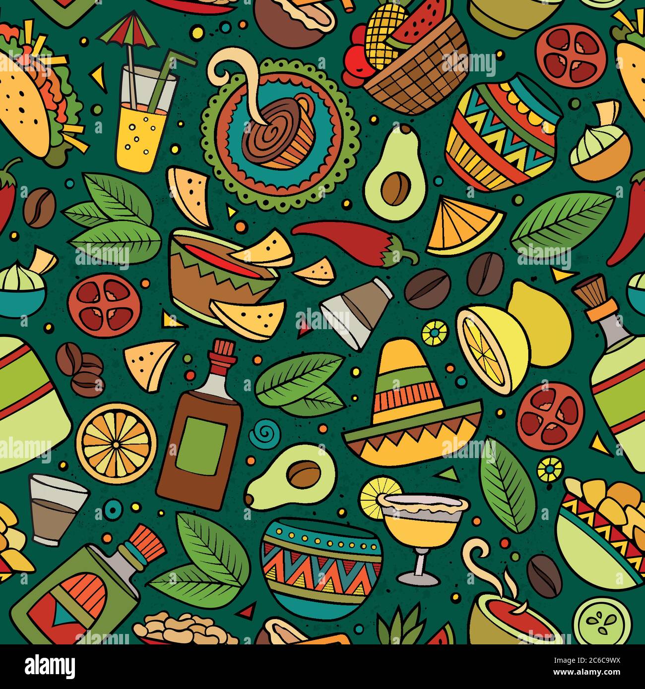 Cartoon hand-drawn latin american, mexican seamless pattern Stock ...
