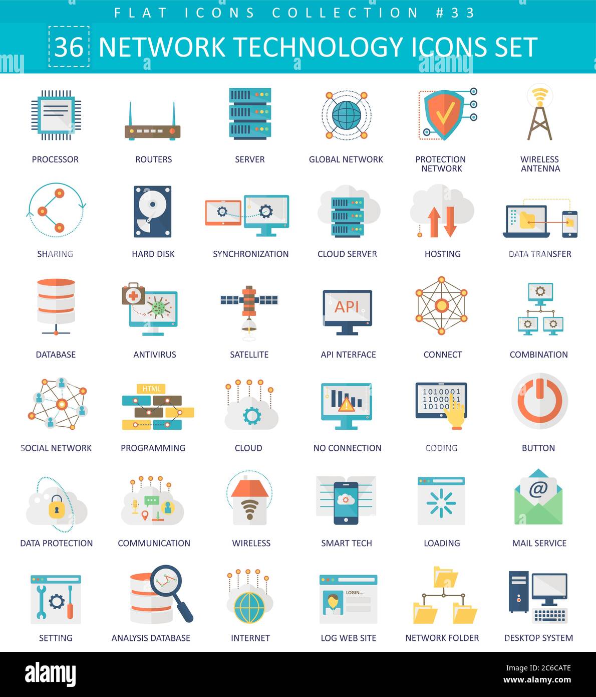 Vector Network technology color flat icon set. Elegant style design ...