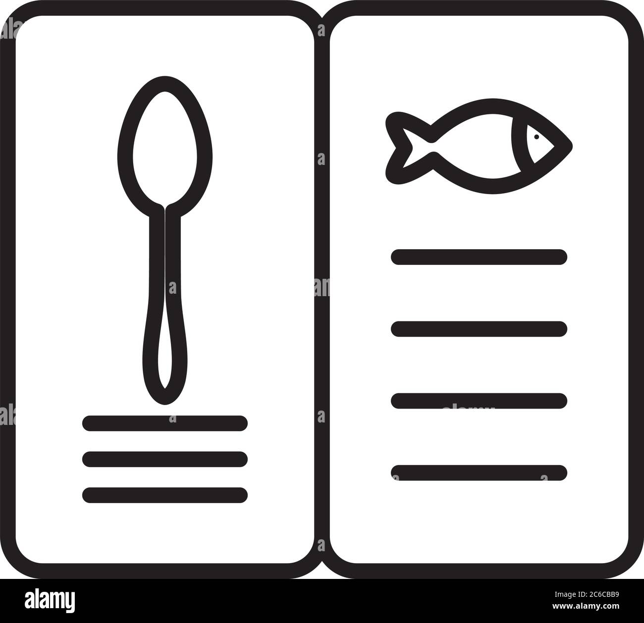 restaurant menu with spoon and fish icons over white background, line ...