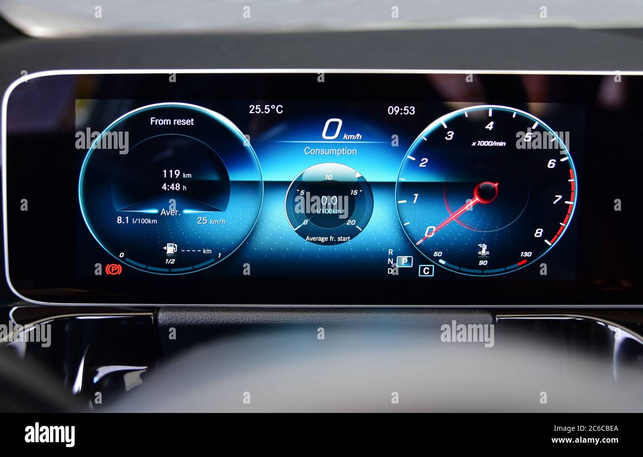 Modern car illuminated dashboard closeup. car instruments panel Stock ...
