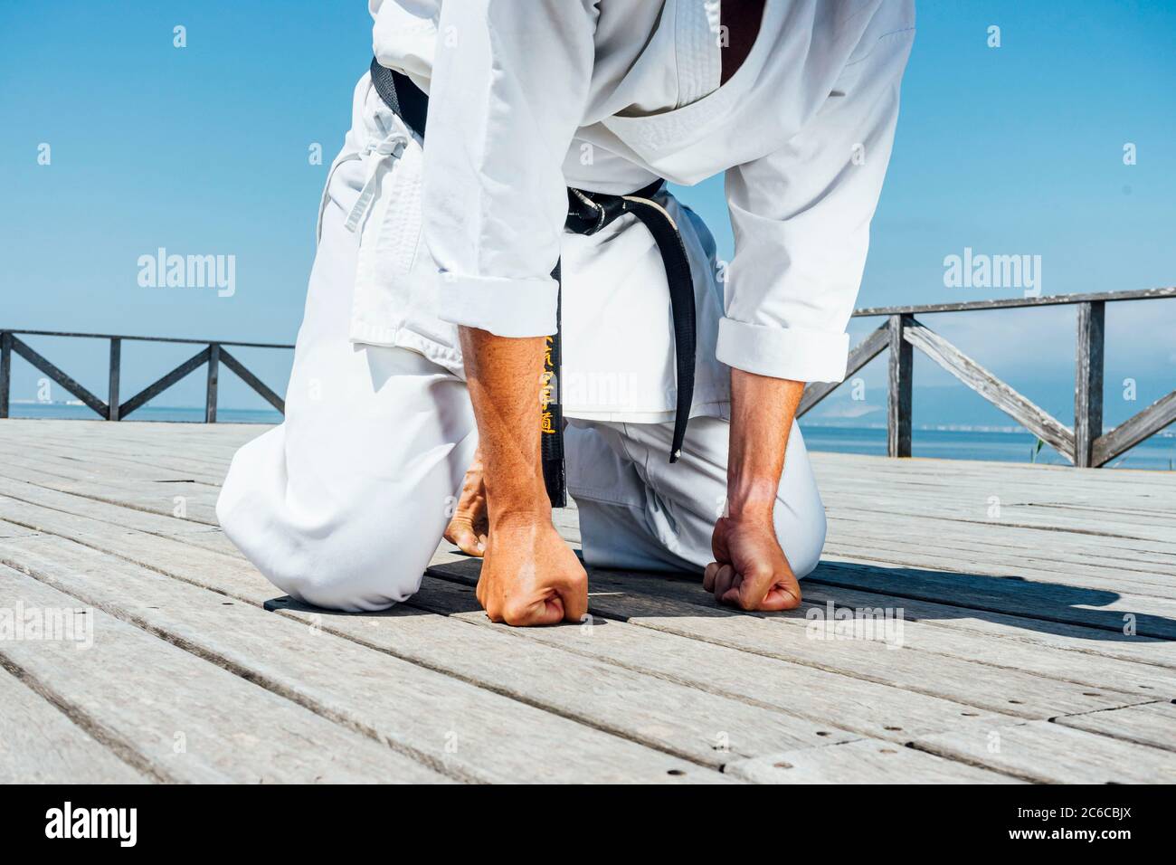 Karate man leaning with clenched fists on wooden platform Stock Photo ...
