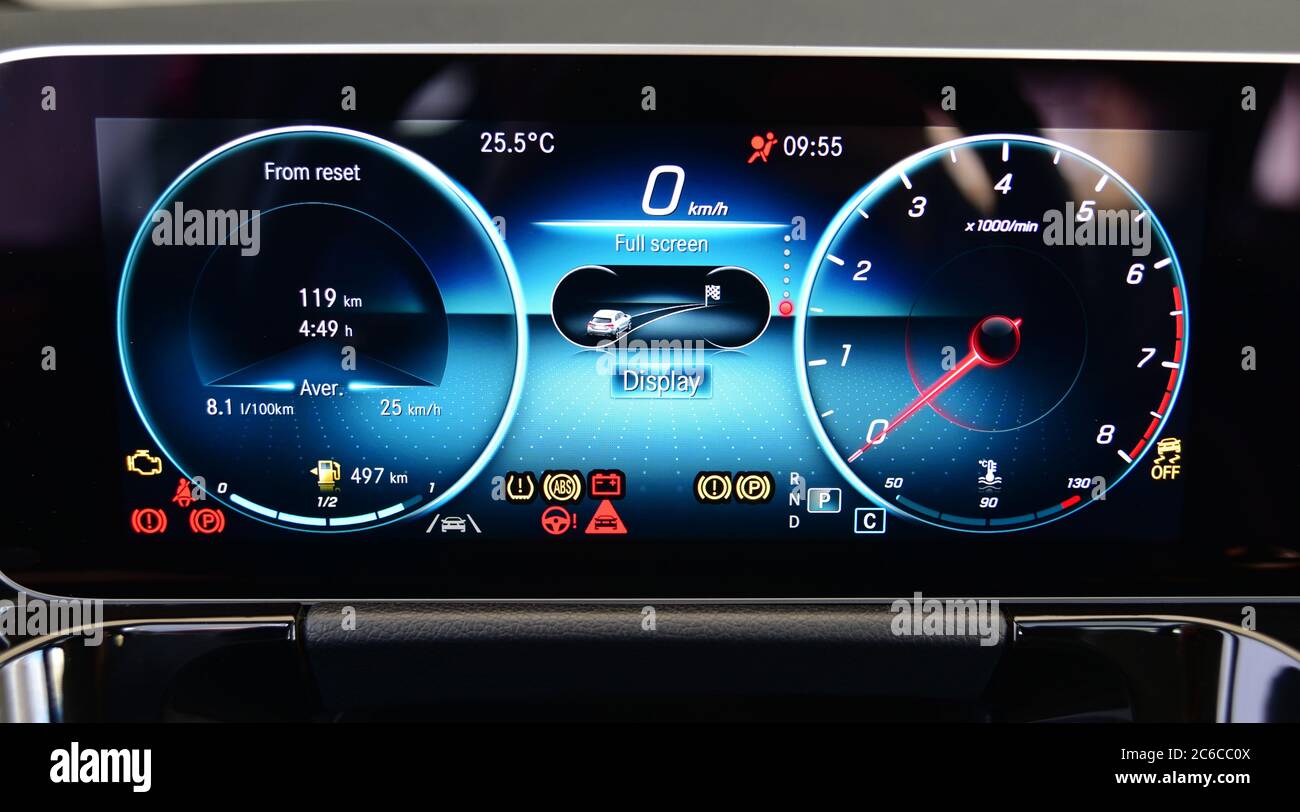 Modern car illuminated dashboard closeup. car instruments panel Stock ...