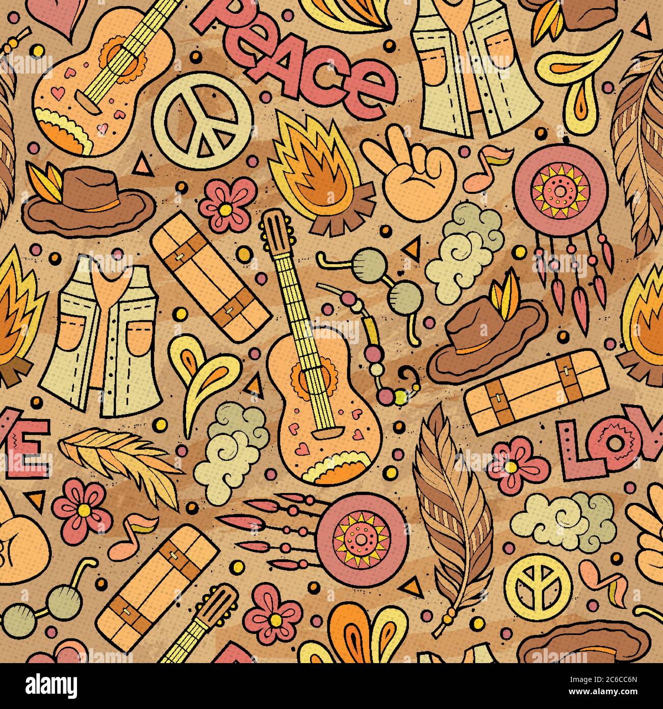 Cartoon cute hand drawn Hippie seamless pattern Stock Vector Image ...