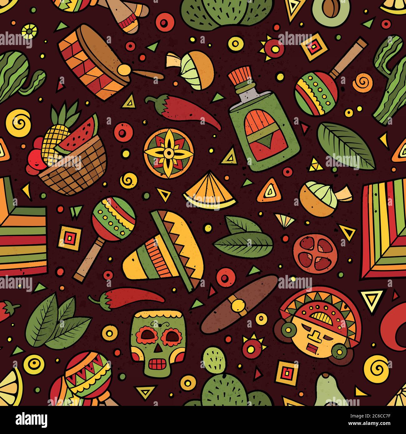 Cartoon hand-drawn latin american, mexican seamless pattern Stock ...