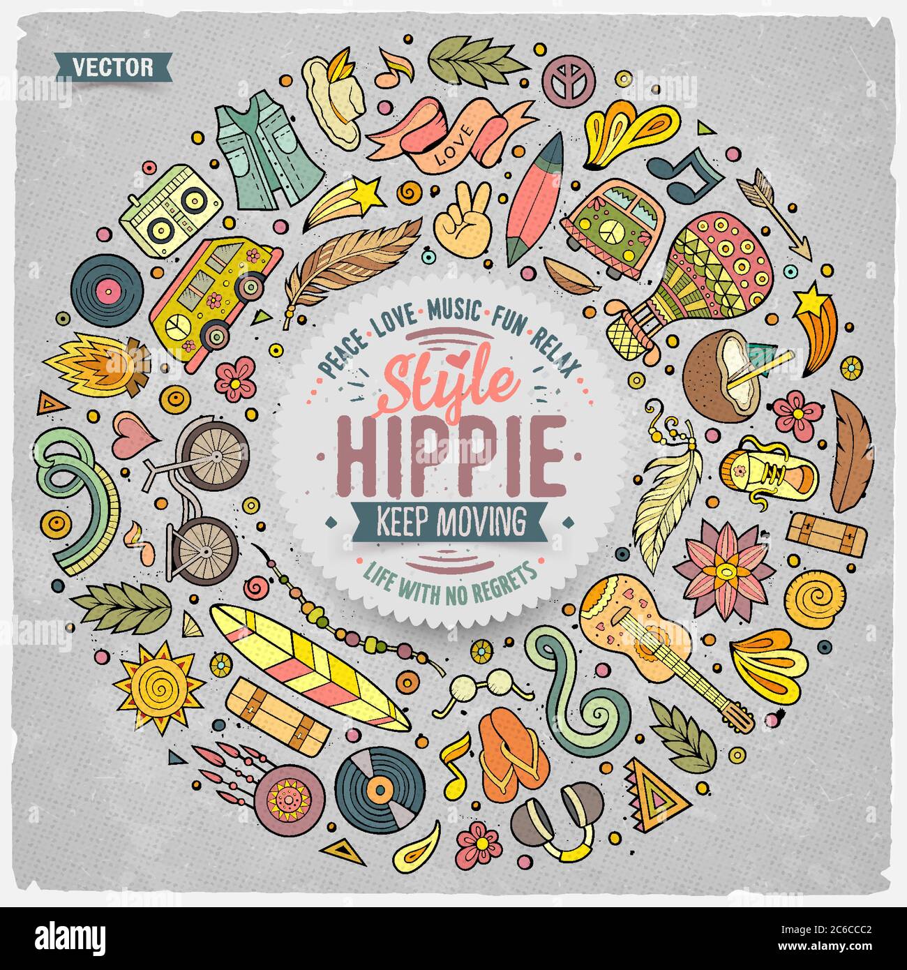 Set of Hippie cartoon doodle objects, symbols and items Stock Vector ...