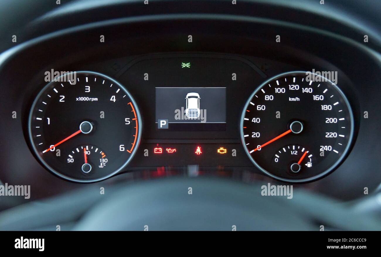 Modern car illuminated dashboard closeup. car instruments panel Stock ...
