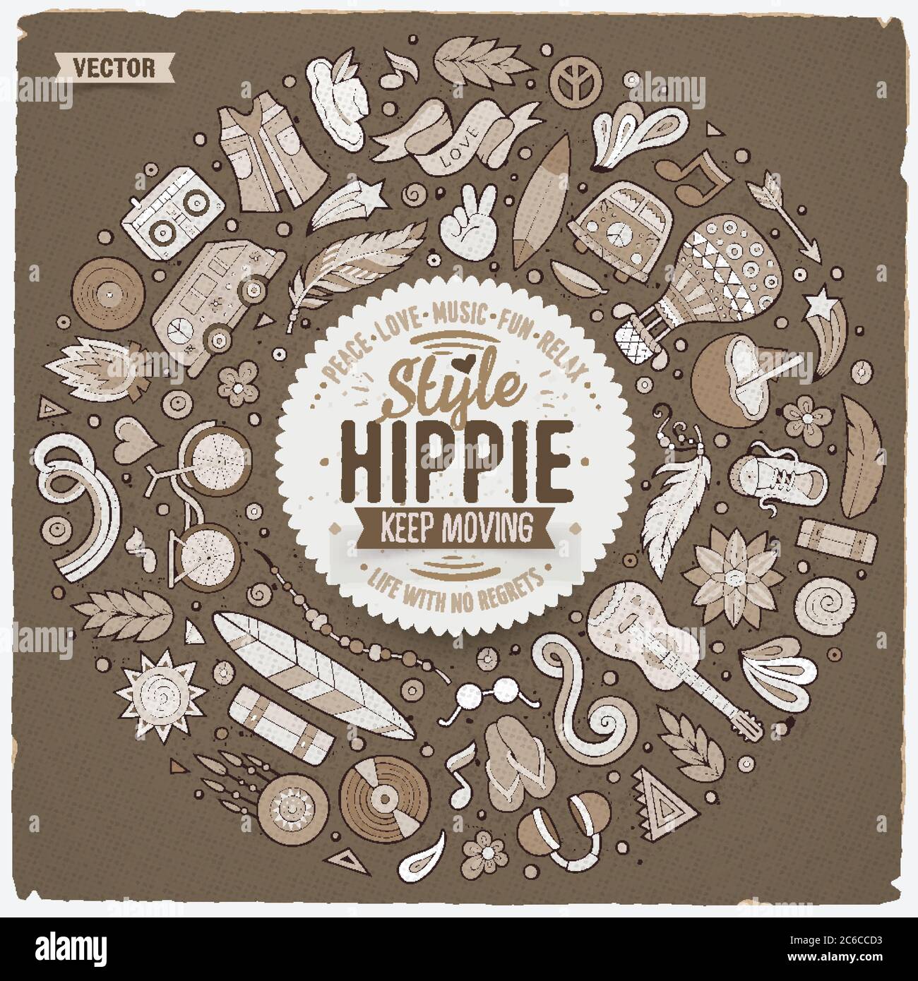 Set of Hippie cartoon doodle objects, symbols and items Stock Vector ...