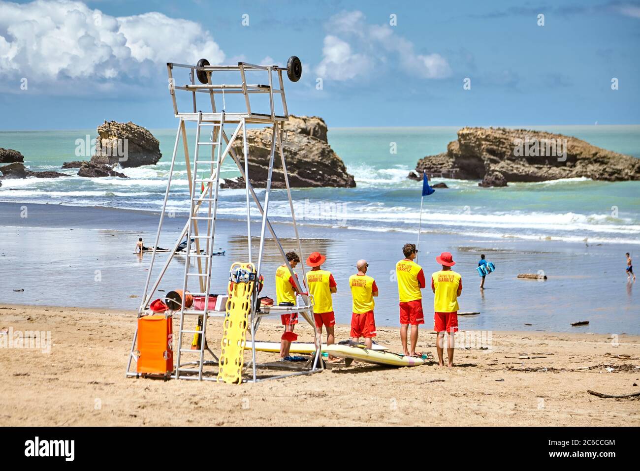 Biarritz, France - June 17, 2018: Group of lifeguards on the sand beach ...