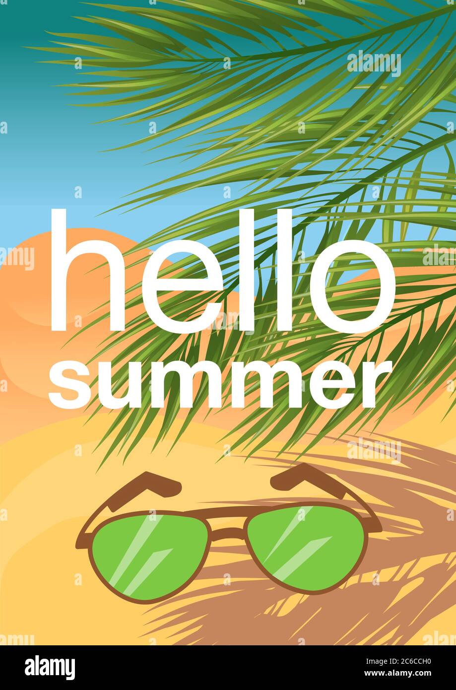 Tropical summer vacation background vector. Hello summer! Palm leaves ...