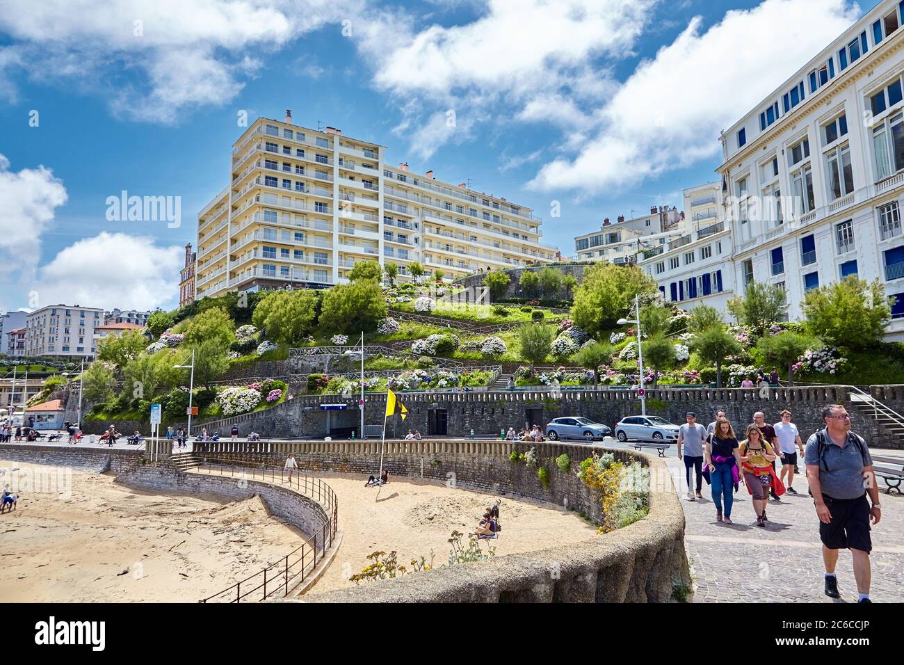 Biarritz, France - June 17, 2018: Urban buildings and People walking on ...