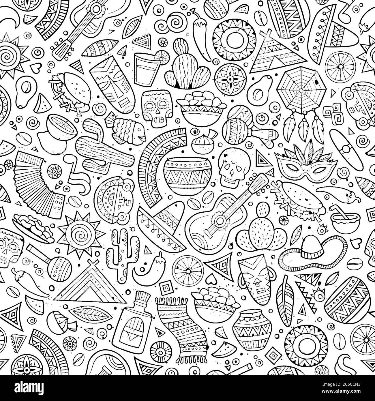 Cartoon hand-drawn latin american, mexican seamless pattern Stock ...