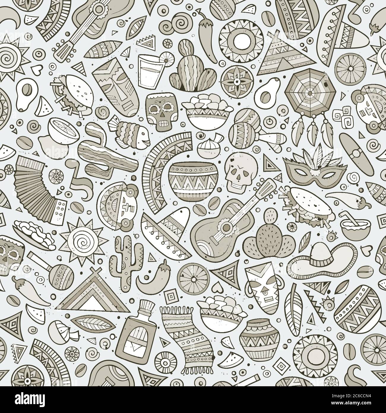 Cartoon hand-drawn latin american, mexican seamless pattern Stock ...