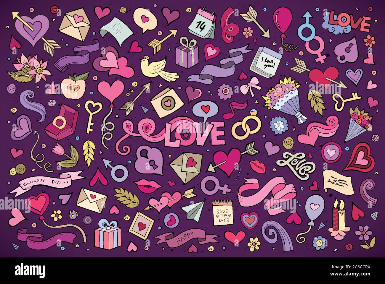 Colorful vector hand drawn doodles cartoon set of Love symbols Stock ...