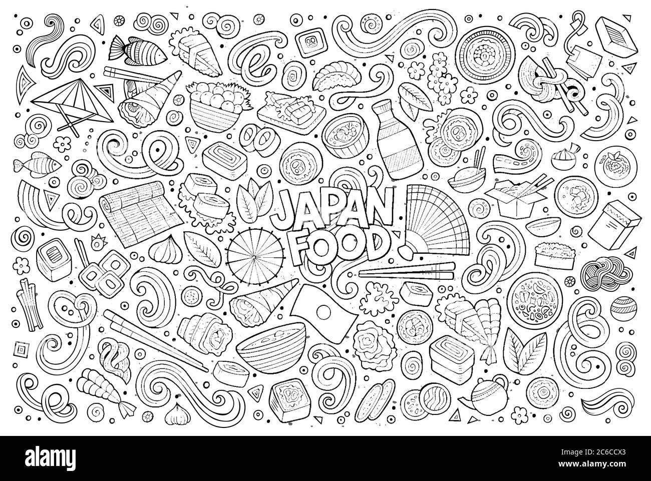 Line art vector cartoon set of Japan food objects Stock Vector Image ...