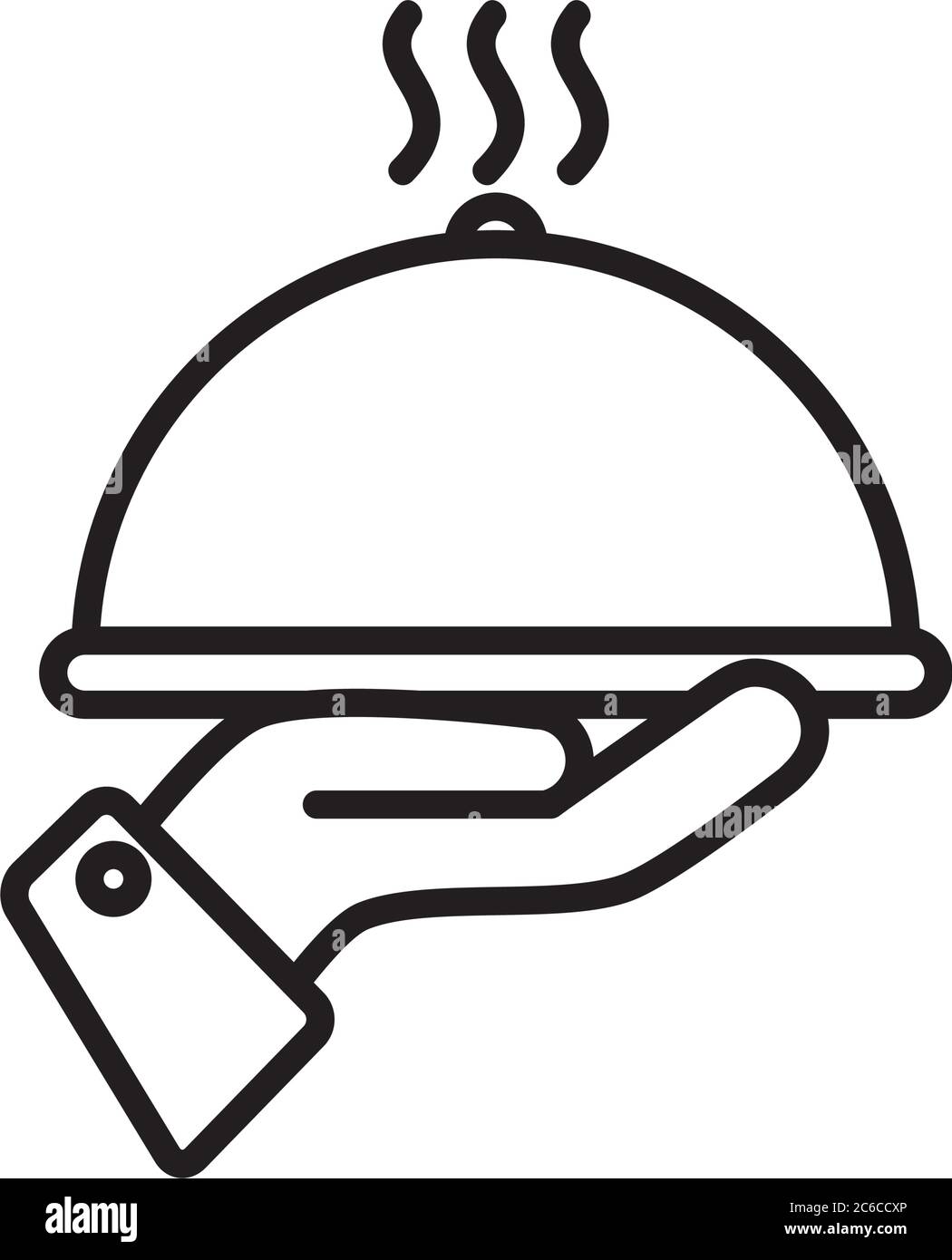 Waiter hand holding a platter icon over white background, line style ...