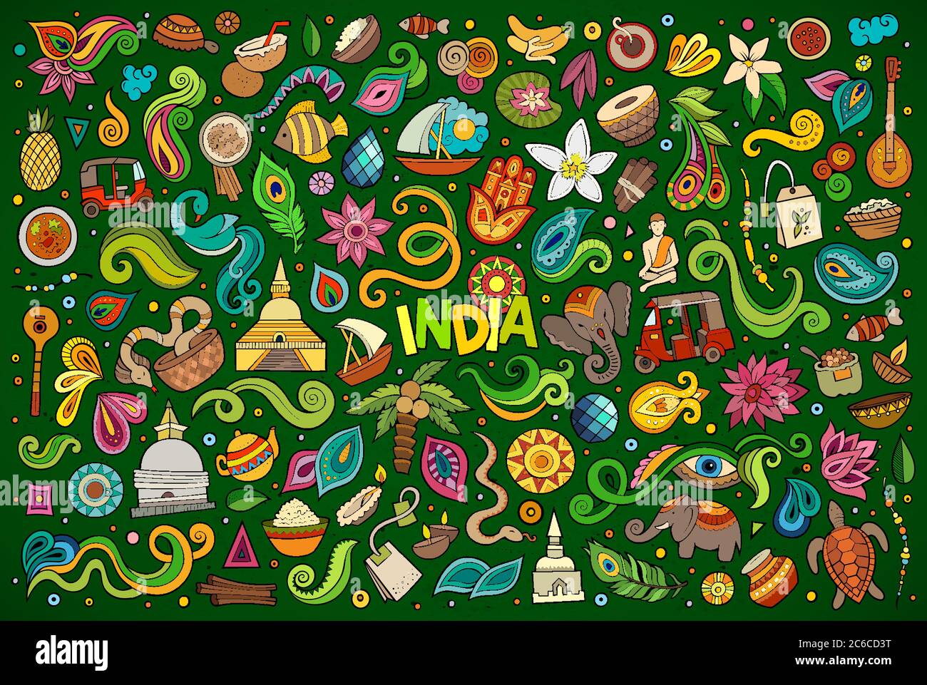 Vector doodle cartoon set of Indian objects and symbols Stock Vector ...
