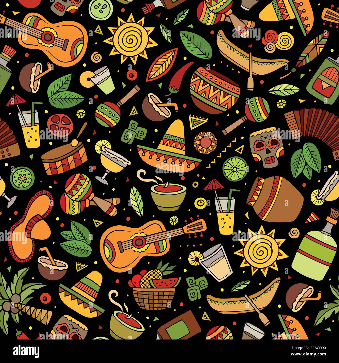 Cartoon hand-drawn latin american, mexican seamless pattern Stock ...