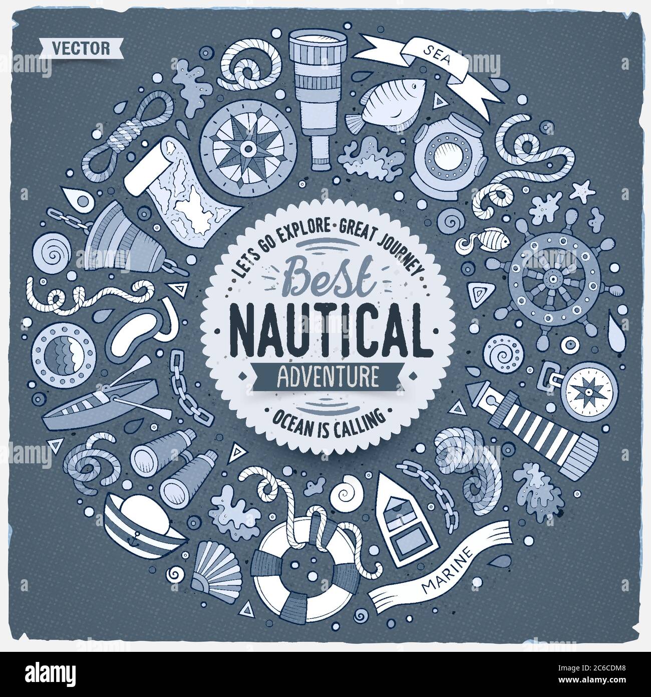 Set of Nautical cartoon doodle objects, symbols and items Stock Vector ...
