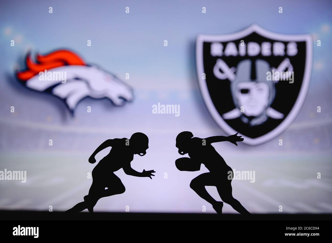 Denver Broncos vs. Las Vegas Raiders. NFL match poster. Two american football players silhouette ...