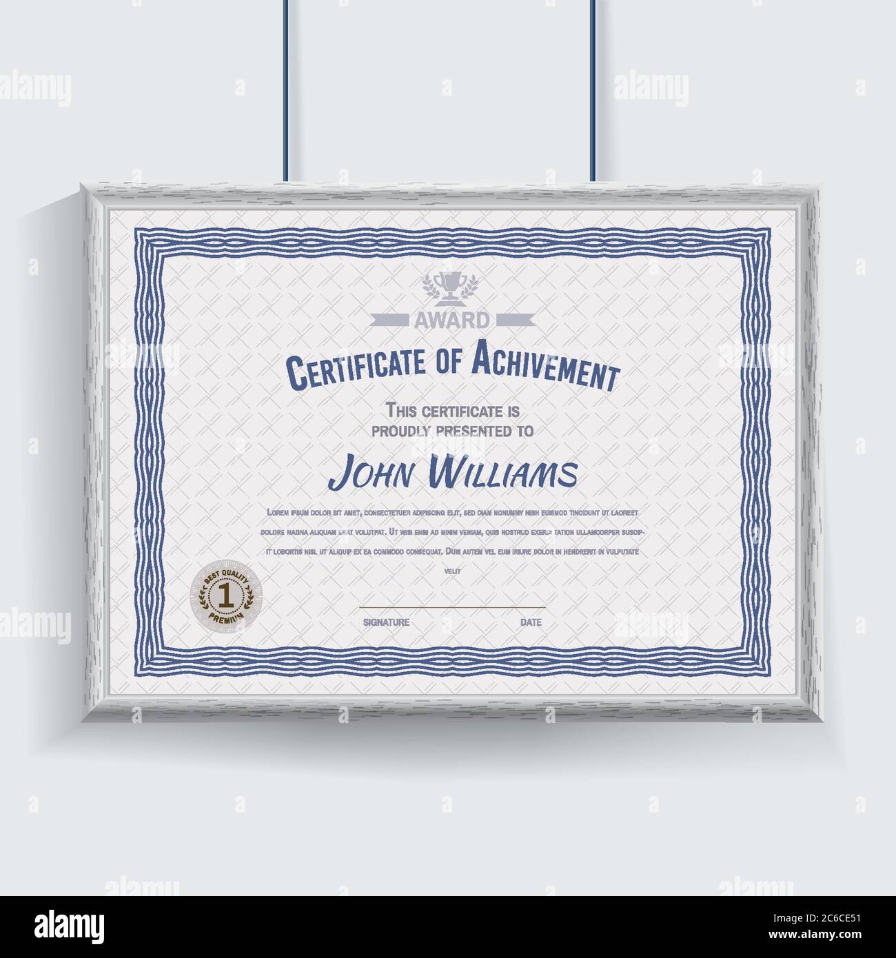 Official white blue certificate with grey realistic border on white ...
